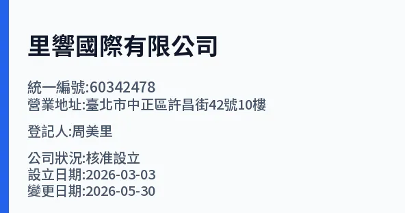 里響國際有限公司的照片-統編 60342478(臺北市) 公司登記資料與營業項目詳細圖表