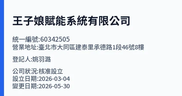 王子娘賦能系統有限公司的照片-統編 60342505(臺北市) 公司登記資料與營業項目詳細圖表