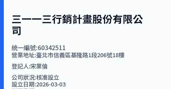 三一一三行銷計畫股份有限公司的照片-統編 60342511(臺北市) 公司登記資料與營業項目詳細圖表