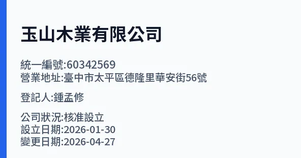 玉山木業有限公司的照片-統編 60342569(臺中市) 公司登記資料與營業項目詳細圖表