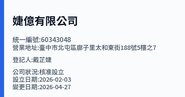 婕億有限公司的照片-統編 60343048(臺中市) 公司登記資料與營業項目詳細圖表