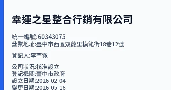 幸運之星整合行銷有限公司的照片-統編 60343075(臺中市) 公司登記資料與營業項目詳細圖表