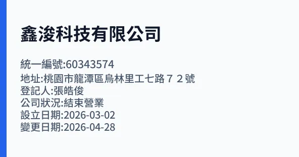 鑫浚科技有限公司的照片-統編 60343574(桃園市) 公司登記資料與營業項目詳細圖表
