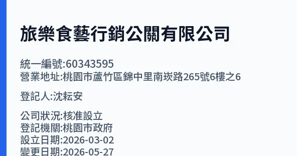 旅樂食藝行銷公關有限公司的照片-統編 60343595(桃園市) 公司登記資料與營業項目詳細圖表