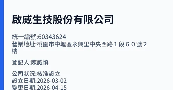 啟威生技股份有限公司的照片-統編 60343624(桃園市) 公司登記資料與營業項目詳細圖表