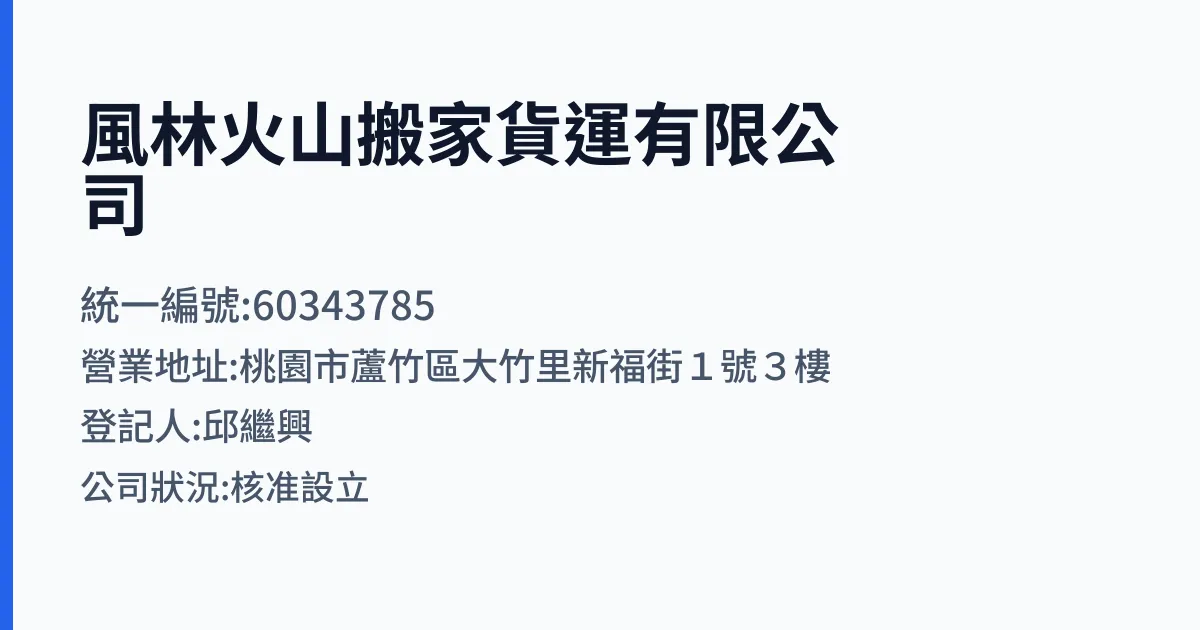 風林火山搬家貨運有限公司 - 統編 60343785(桃園市) 公司登記資料與營業項目詳細圖表
