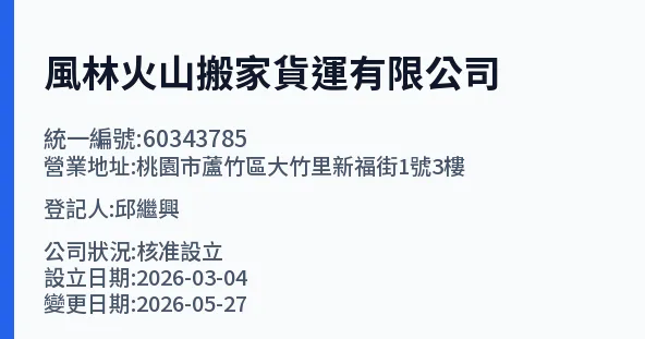 風林火山搬家貨運有限公司的照片-統編 60343785(桃園市) 公司登記資料與營業項目詳細圖表