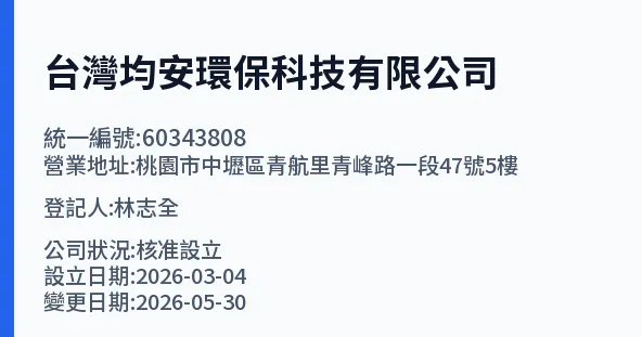台灣均安環保科技有限公司的照片-統編 60343808(桃園市) 公司登記資料與營業項目詳細圖表