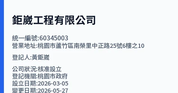 鉅崴工程有限公司的照片-統編 60345003(桃園市) 公司登記資料與營業項目詳細圖表