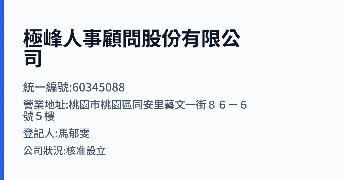 極峰人事顧問股份有限公司 - 統編 60345088(桃園市) 公司登記資料與營業項目詳細圖表