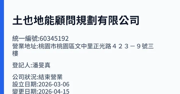 土也地能顧問規劃有限公司的照片-統編 60345192(桃園市) 公司登記資料與營業項目詳細圖表