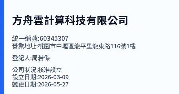 方舟雲計算科技有限公司的照片-統編 60345307(桃園市) 公司登記資料與營業項目詳細圖表
