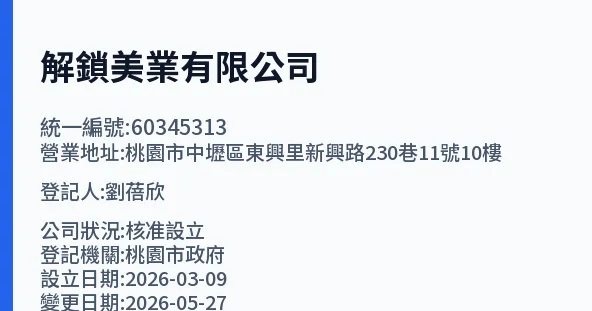 解鎖美業有限公司的照片-統編 60345313(桃園市) 公司登記資料與營業項目詳細圖表
