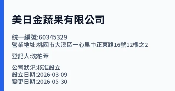 美日金蔬果有限公司的照片-統編 60345329(桃園市) 公司登記資料與營業項目詳細圖表
