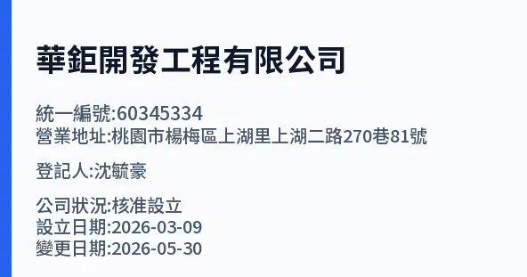 華鉅開發工程有限公司的照片-統編 60345334(桃園市) 公司登記資料與營業項目詳細圖表