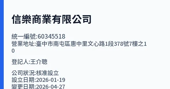 信樂商業有限公司的照片-統編 60345518(臺中市) 公司登記資料與營業項目詳細圖表