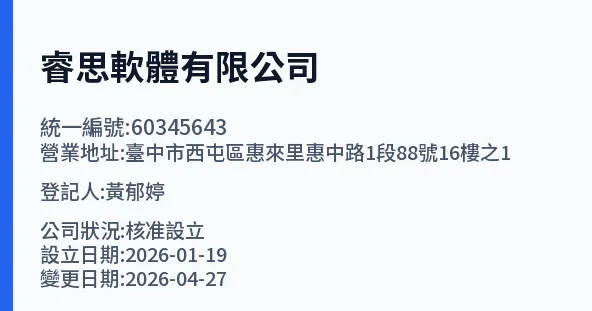 睿思軟體有限公司的照片-統編 60345643(臺中市) 公司登記資料與營業項目詳細圖表