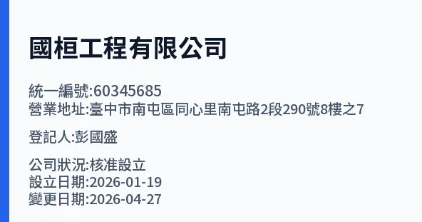 國桓工程有限公司的照片-統編 60345685(臺中市) 公司登記資料與營業項目詳細圖表