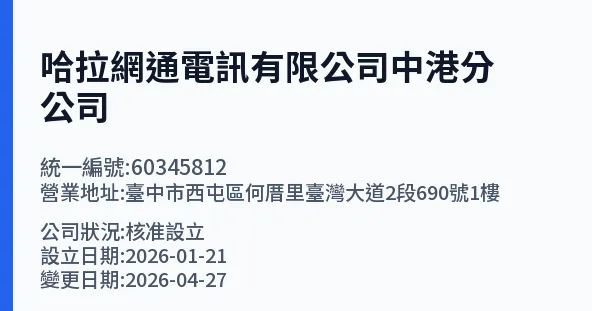 哈拉網通電訊有限公司中港分公司的照片-統編 60345812(臺中市) 公司登記資料與營業項目詳細圖表