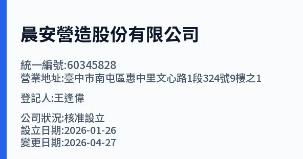 晨安營造股份有限公司的照片-統編 60345828(臺中市) 公司登記資料與營業項目詳細圖表