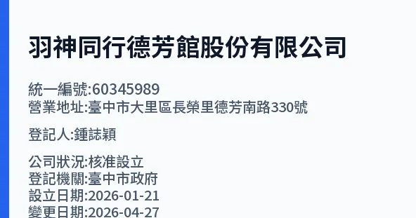 羽神同行德芳館股份有限公司的照片-統編 60345989(臺中市) 公司登記資料與營業項目詳細圖表