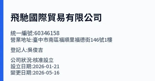 飛馳國際貿易有限公司的照片-統編 60346158(臺中市) 公司登記資料與營業項目詳細圖表