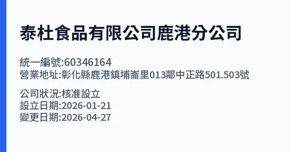 泰杜食品有限公司鹿港分公司的照片-統編 60346164(彰化縣) 公司登記資料與營業項目詳細圖表
