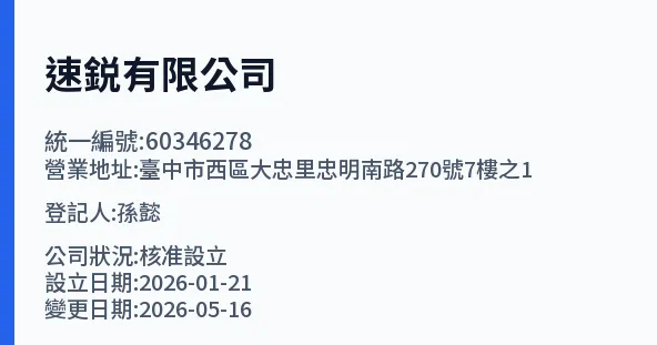 速鋭有限公司的照片-統編 60346278(臺中市) 公司登記資料與營業項目詳細圖表