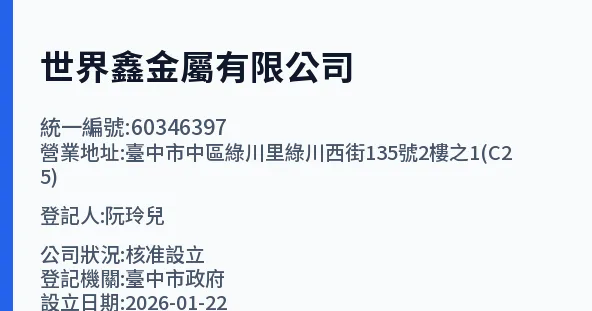 世界鑫金屬有限公司的照片-統編 60346397(臺中市) 公司登記資料與營業項目詳細圖表