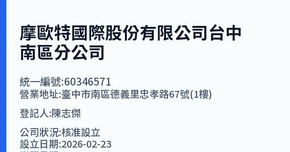 摩歐特國際股份有限公司台中南區分公司的照片-統編 60346571(臺中市) 公司登記資料與營業項目詳細圖表