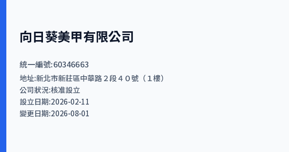 向日葵美甲有限公司的照片-統編 60346663 公司登記資料與營業項目詳細圖表