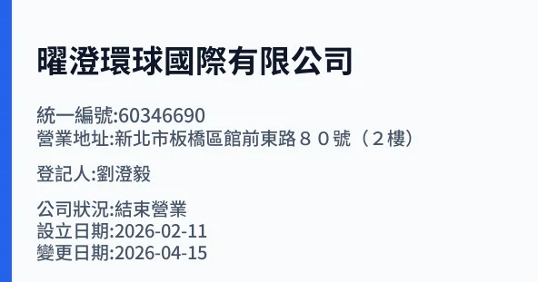 曜澄環球國際有限公司的照片-統編 60346690(新北市) 公司登記資料與營業項目詳細圖表