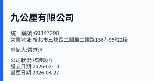 九公厘有限公司的照片-統編 60347298(新北市) 公司登記資料與營業項目詳細圖表