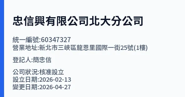 忠信興有限公司北大分公司的照片-統編 60347327(新北市) 公司登記資料與營業項目詳細圖表