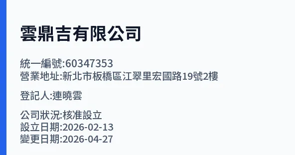 雲鼎吉有限公司的照片-統編 60347353(新北市) 公司登記資料與營業項目詳細圖表