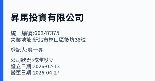 昇馬投資有限公司的照片-統編 60347375(新北市) 公司登記資料與營業項目詳細圖表
