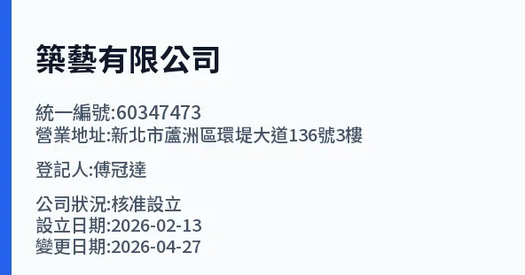築藝有限公司的照片-統編 60347473(新北市) 公司登記資料與營業項目詳細圖表