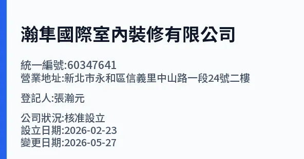 瀚隼國際室內裝修有限公司的照片-統編 60347641(新北市) 公司登記資料與營業項目詳細圖表