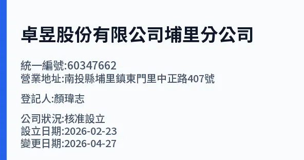卓昱股份有限公司埔里分公司的照片-統編 60347662(南投縣) 公司登記資料與營業項目詳細圖表