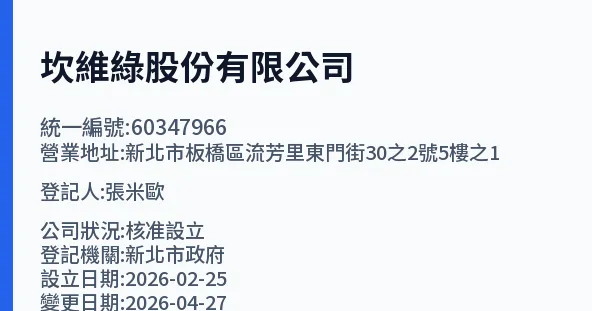 坎維綠股份有限公司的照片-統編 60347966(新北市) 公司登記資料與營業項目詳細圖表