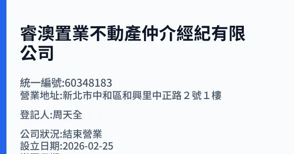 睿澳置業不動產仲介經紀有限公司的照片-統編 60348183(新北市) 公司登記資料與營業項目詳細圖表
