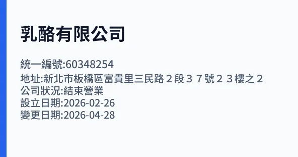 乳酪有限公司的照片-統編 60348254(新北市) 公司登記資料與營業項目詳細圖表