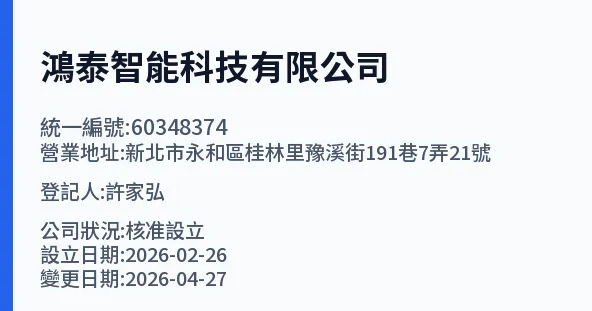 鴻泰智能科技有限公司的照片-統編 60348374(新北市) 公司登記資料與營業項目詳細圖表