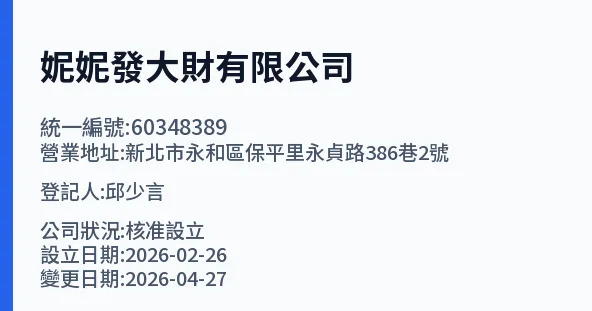 妮妮發大財有限公司的照片-統編 60348389(新北市) 公司登記資料與營業項目詳細圖表