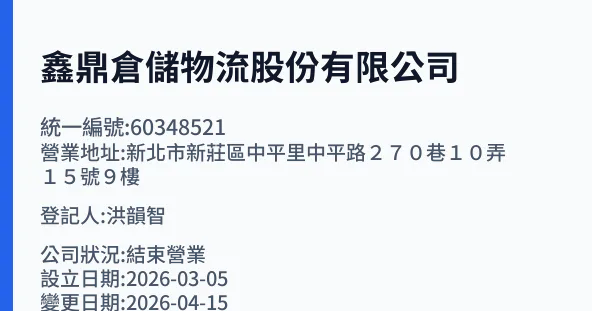 鑫鼎倉儲物流股份有限公司的照片-統編 60348521(新北市) 公司登記資料與營業項目詳細圖表