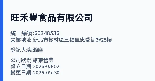 旺禾豐食品有限公司的照片-統編 60348536 公司登記資料與營業項目詳細圖表