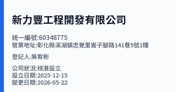 新力豐工程開發有限公司的照片-統編 60348775(彰化縣) 公司登記資料與營業項目詳細圖表