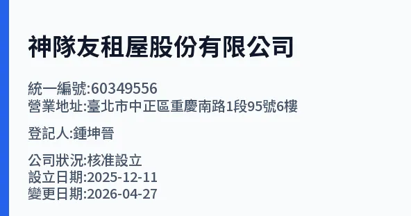 神隊友租屋股份有限公司的照片-統編 60349556(臺北市) 公司登記資料與營業項目詳細圖表