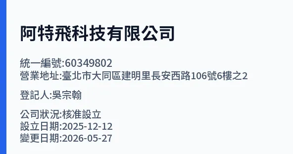 阿特飛科技有限公司的照片-統編 60349802(臺北市) 公司登記資料與營業項目詳細圖表