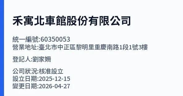 禾寓北車館股份有限公司的照片-統編 60350053(臺北市) 公司登記資料與營業項目詳細圖表